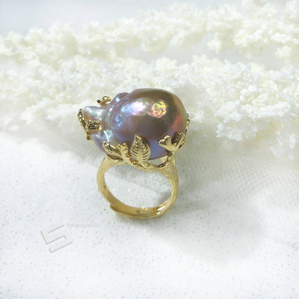Large Baroque Pearl in 925 Silver Ring, 21MM Kasumi Pearl and Vermeil ...