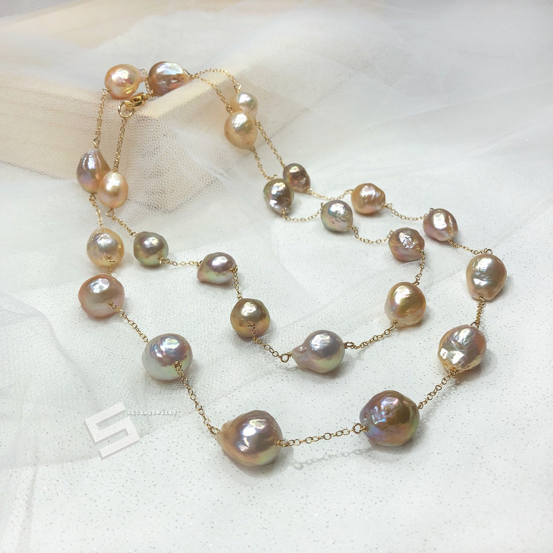 Metallic Baroque Pearls Long Necklace, Fireball Pearls in 14K Gold ...