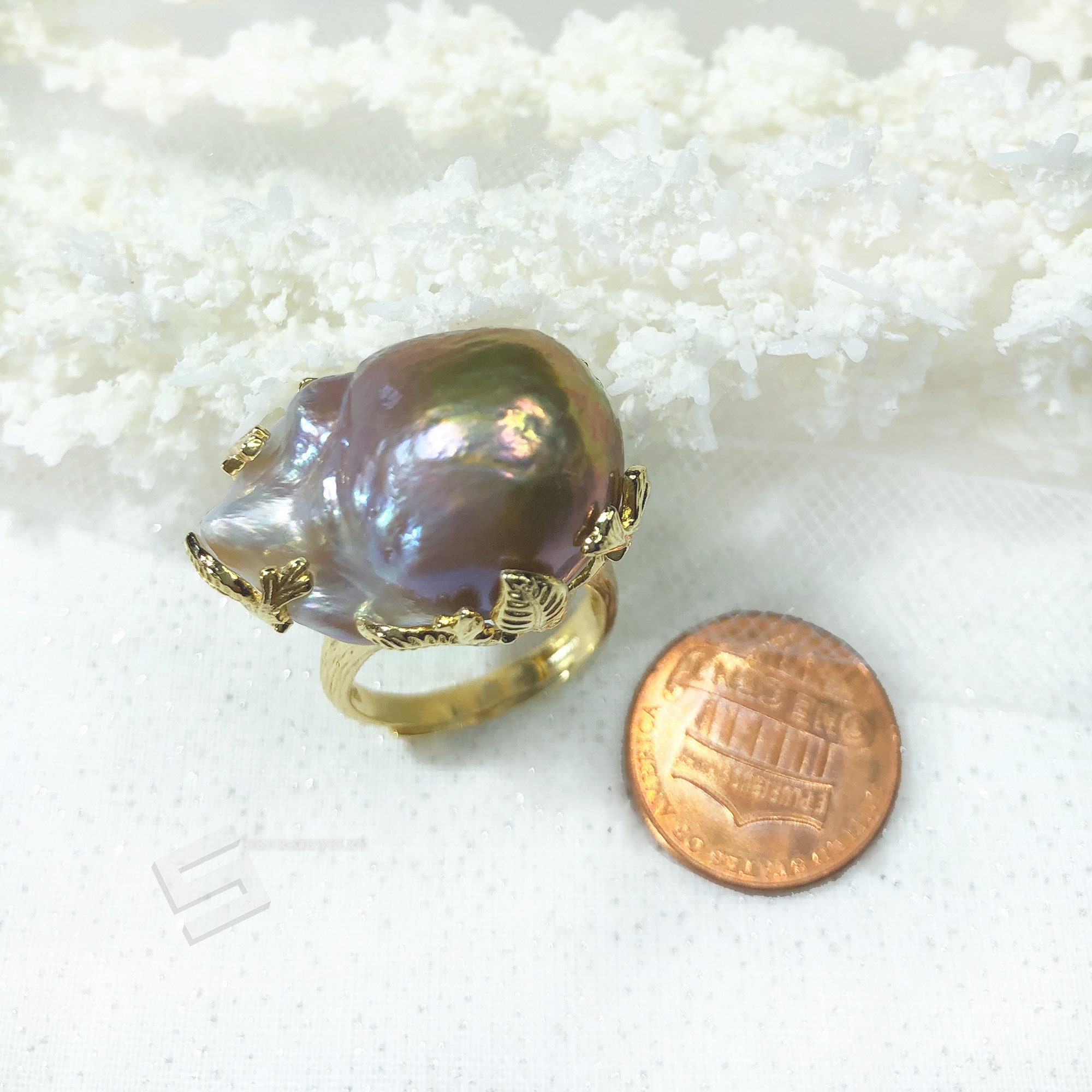 Large Baroque Pearl in 925 Silver Ring, 21MM Kasumi Pearl and Vermeil ...