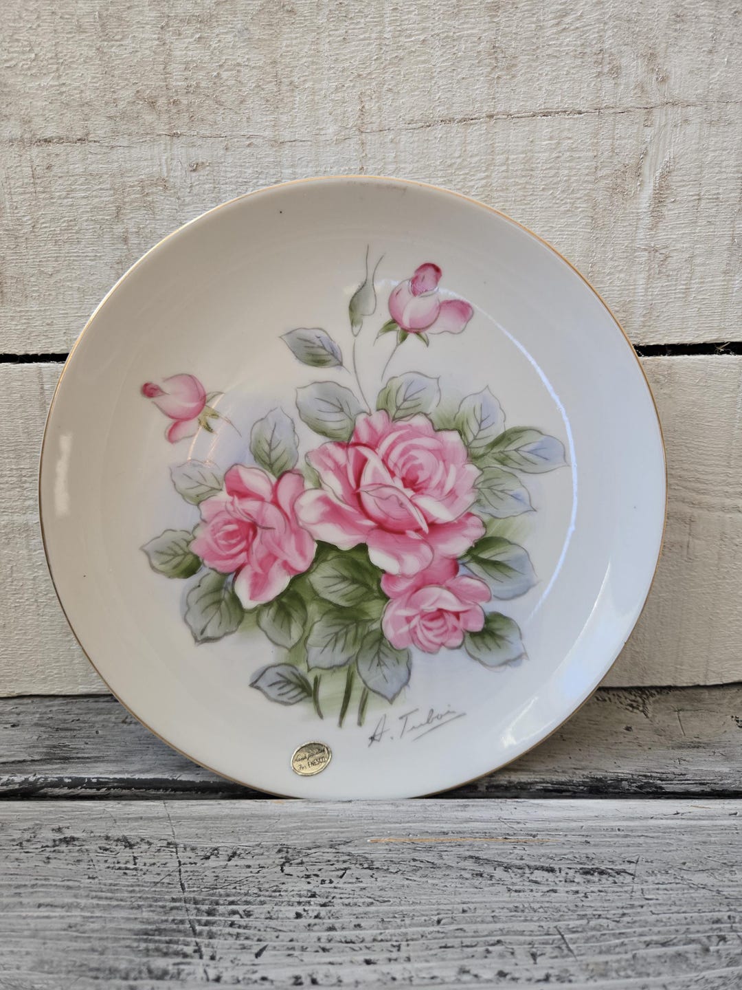 Pink Rose Plate, Vintage Flower Plate, Enesco Flower Plate, Enesco Pink ...