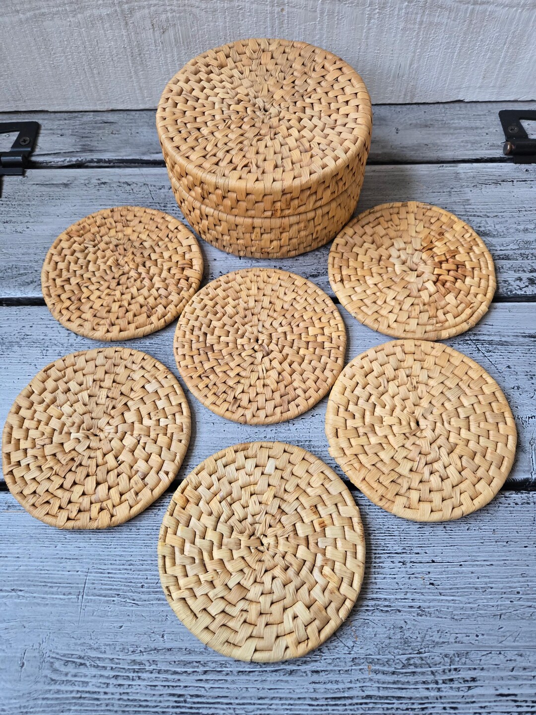 Wicker Coasters Vintage, 6 Coaster Set, Vintage Wicker Coaster, 1980's ...