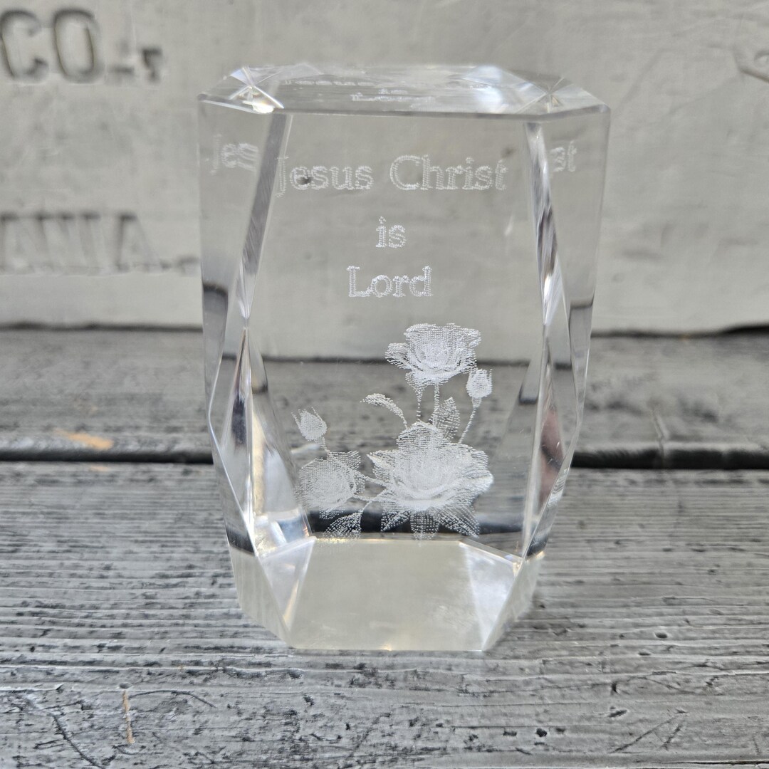 Laser Etched Glass Crystal Jesus Christ is Lord 3D Paperweight, Vintage ...