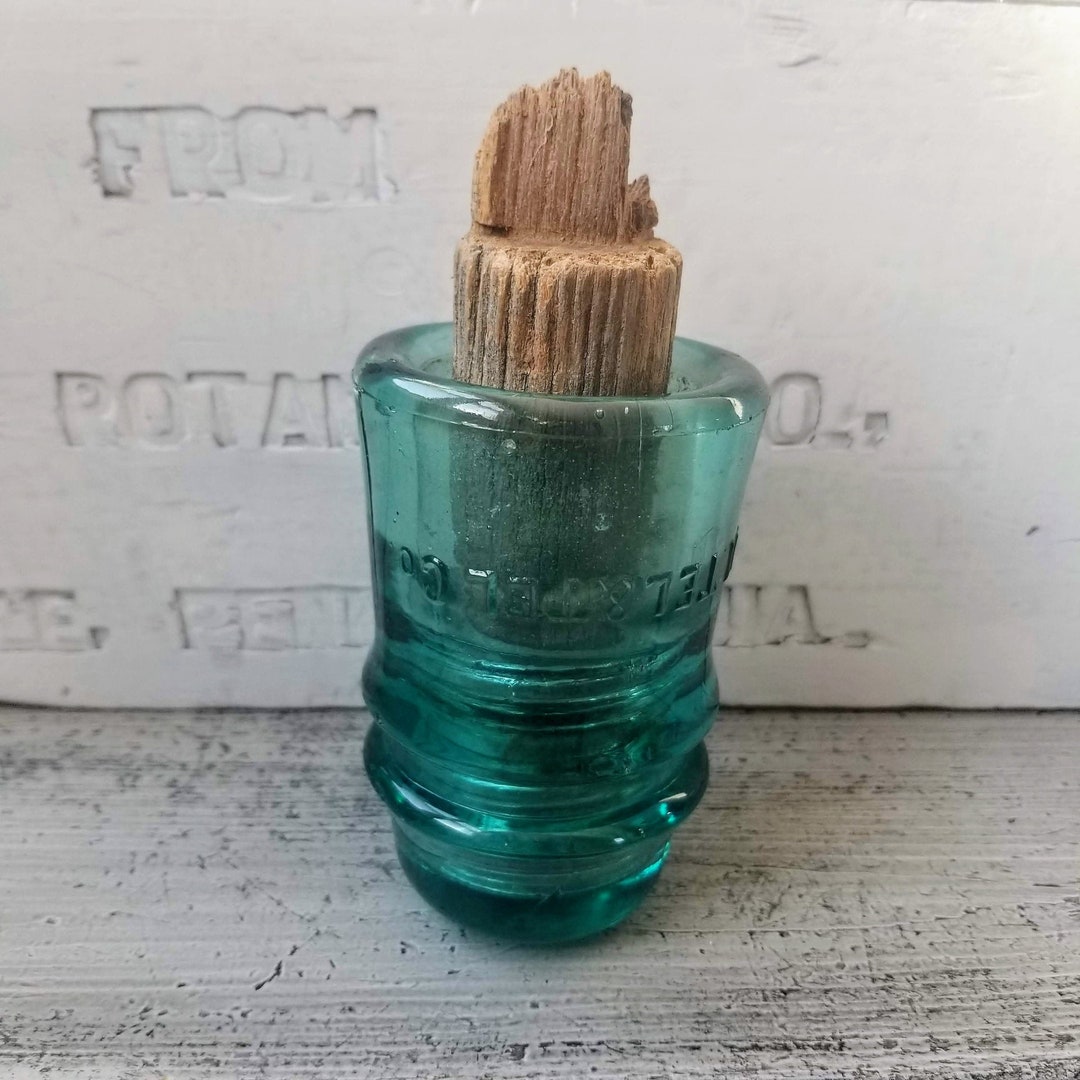 Green Glass Insulator With Wood, AM Tel and Tel Co. Insulator, Vintage ...