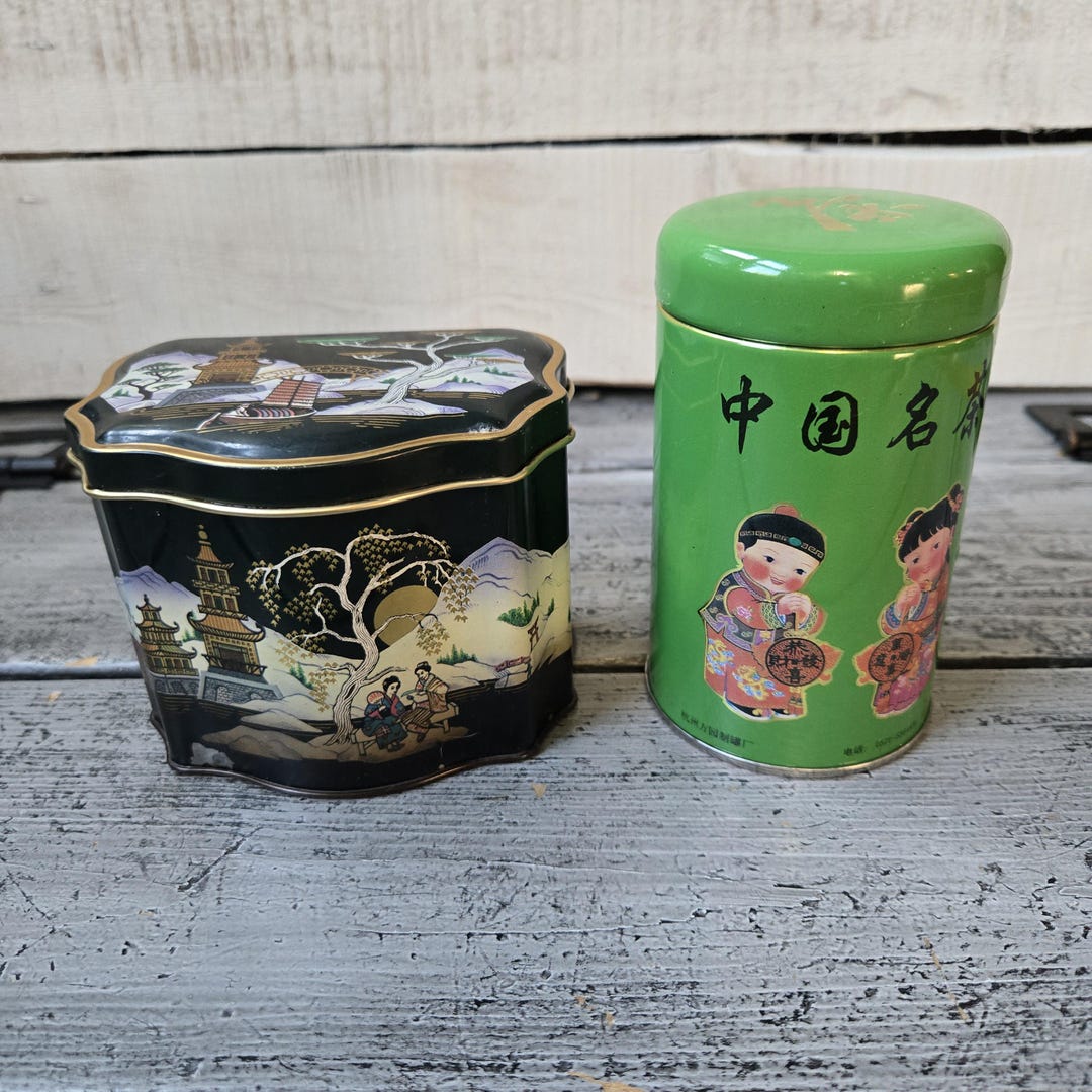 Vintage Asian Tin Set, 2 Vintage Tea Tins, Vintage Tin Set Asian Decor ...