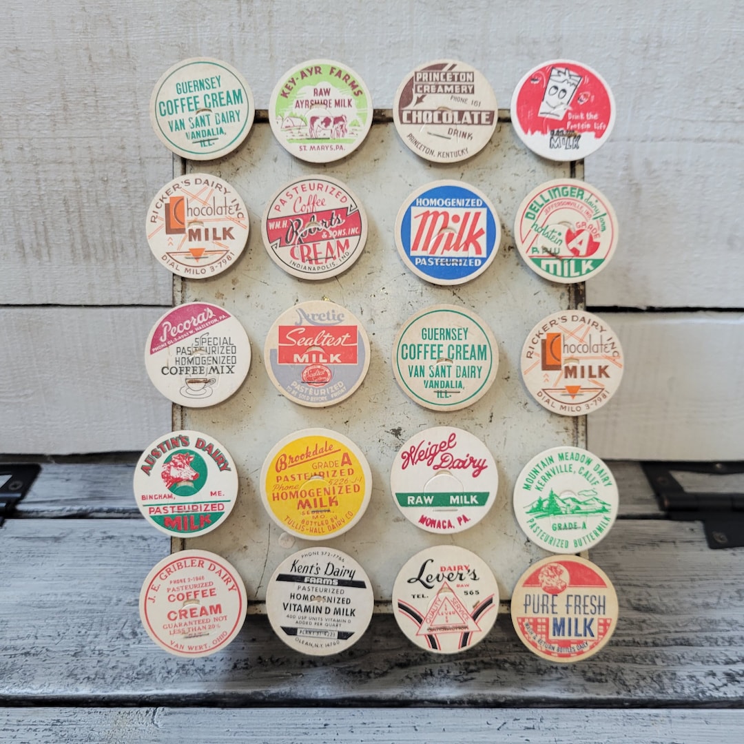 Milk Bottle Cap Magnets 4, Vintage Set of 4 Milk Bottle Lid Magnets ...