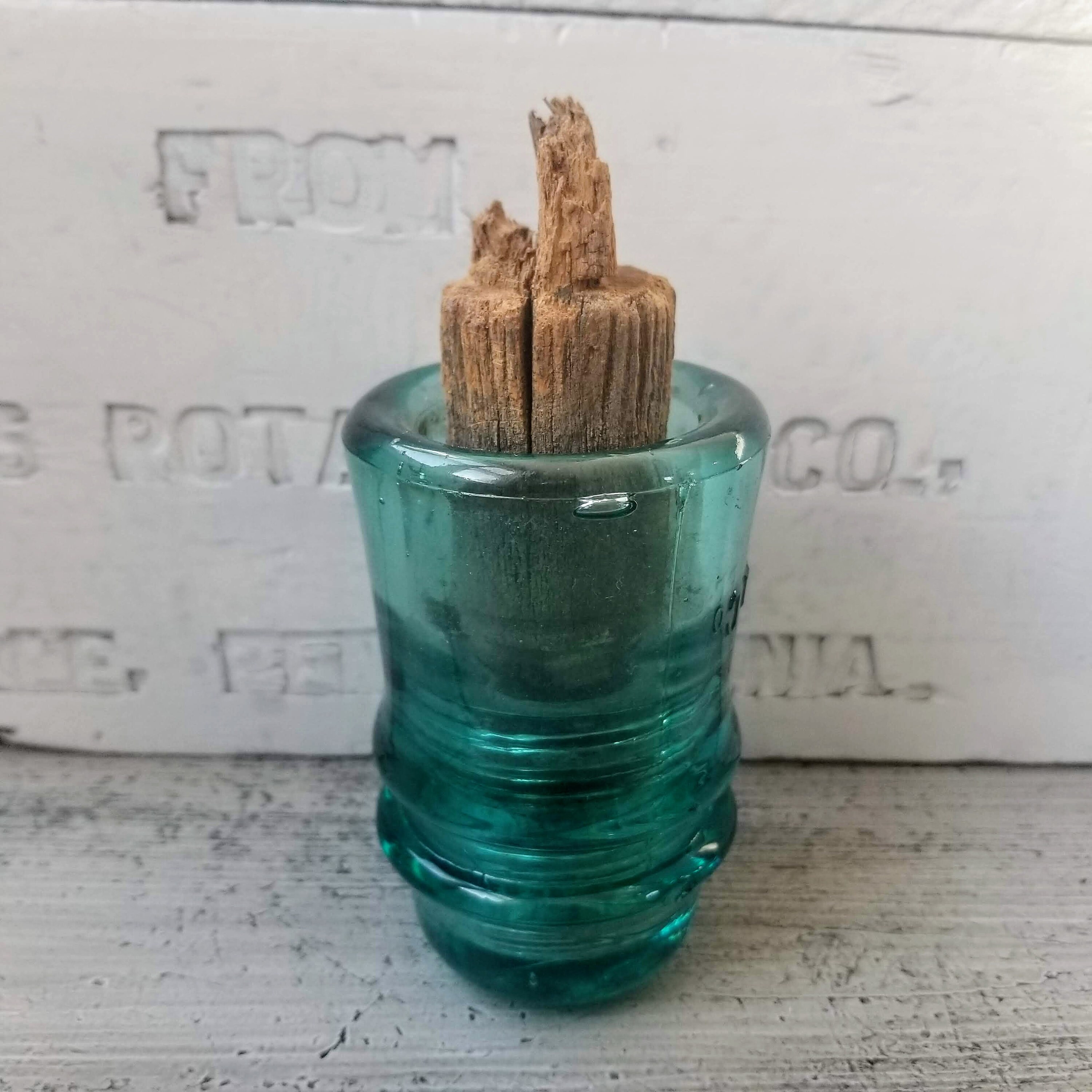 Green Glass Insulator With Wood, AM Tel and Tel Co. Insulator, Vintage ...