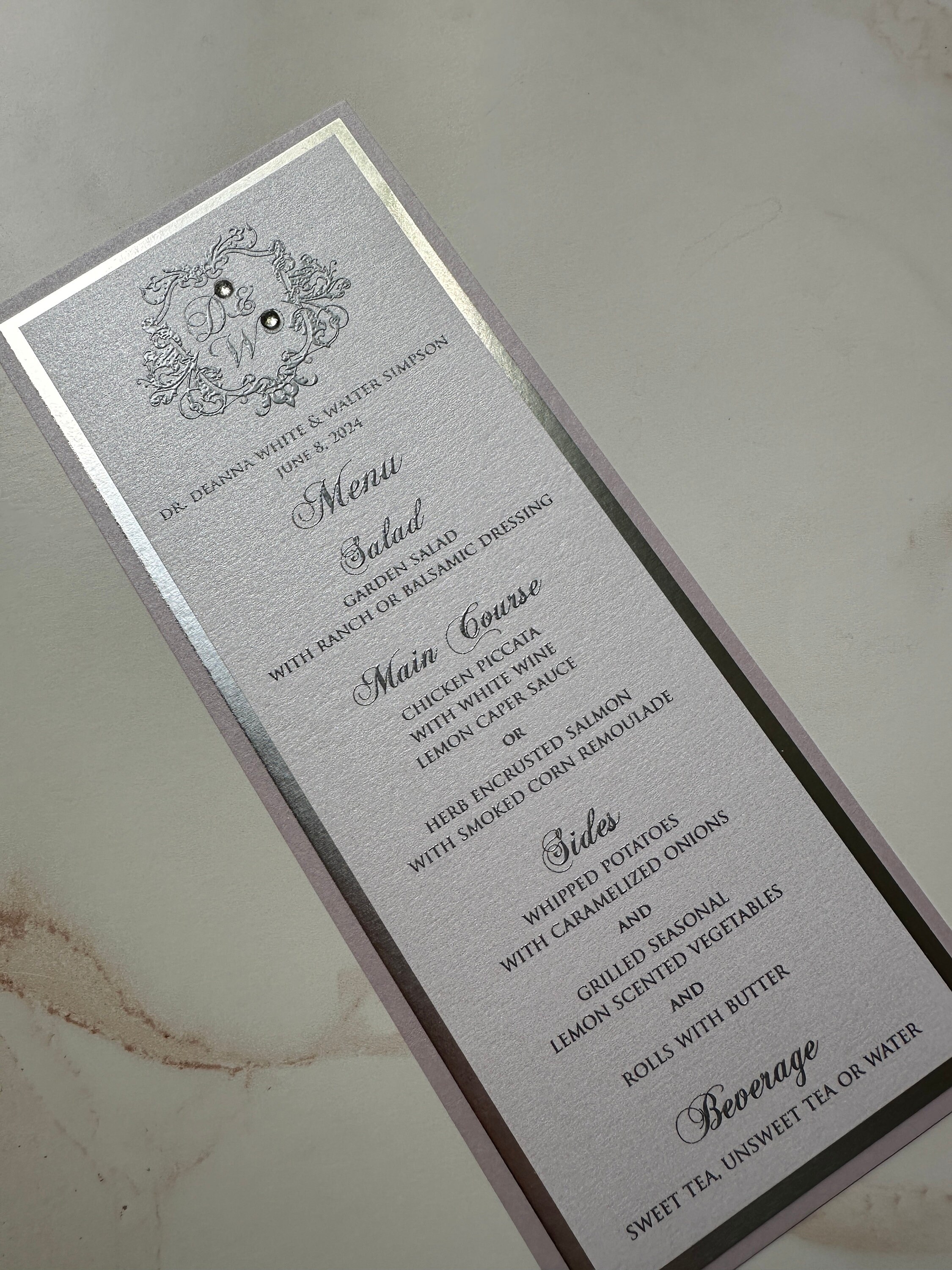 Silver Foil Menu, Wedding Menu, Raised Silver Ink on Pearly White ...