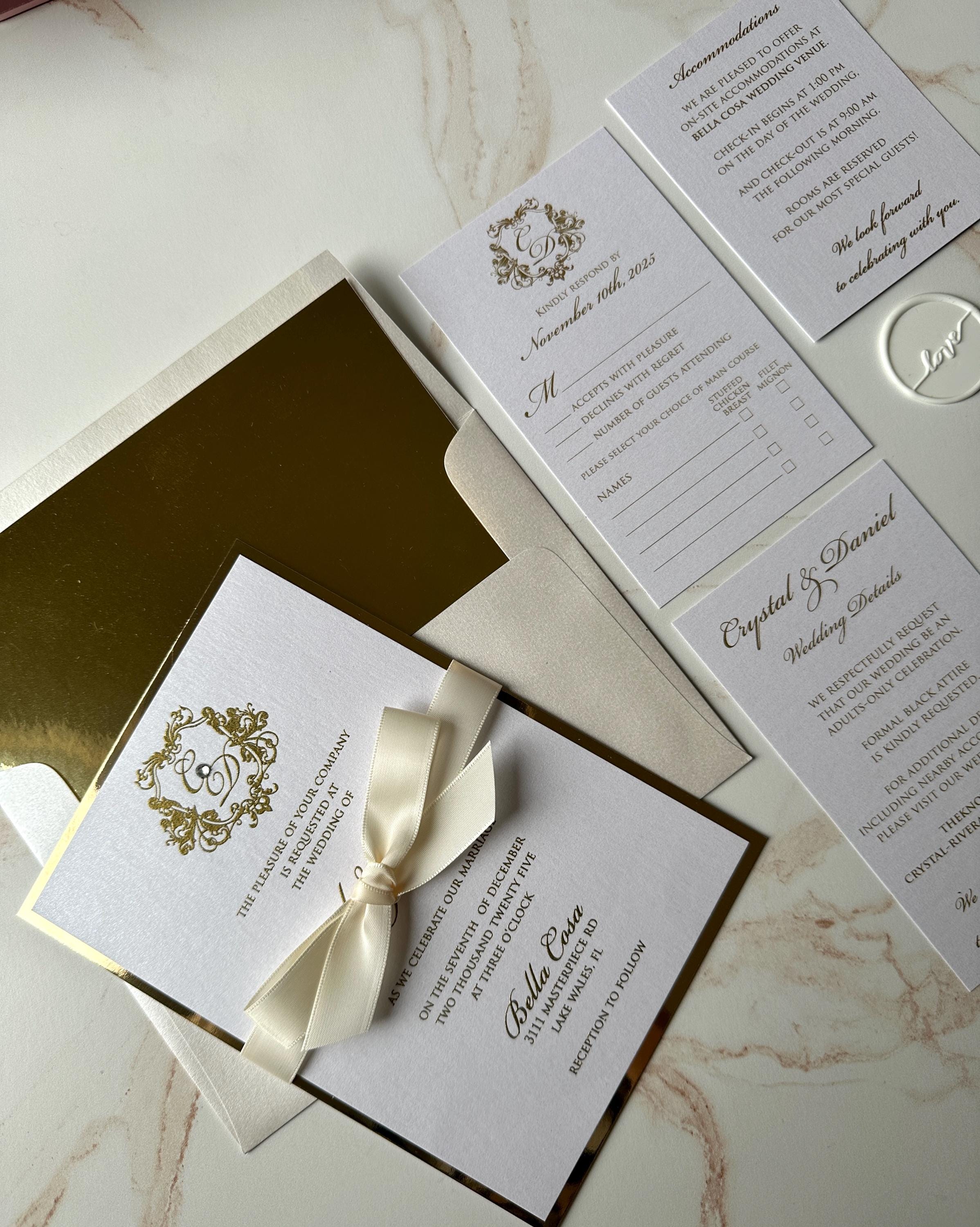 Gold Foil Wedding Invitation With Ribbon Wrapped Around, Foil Invite ...