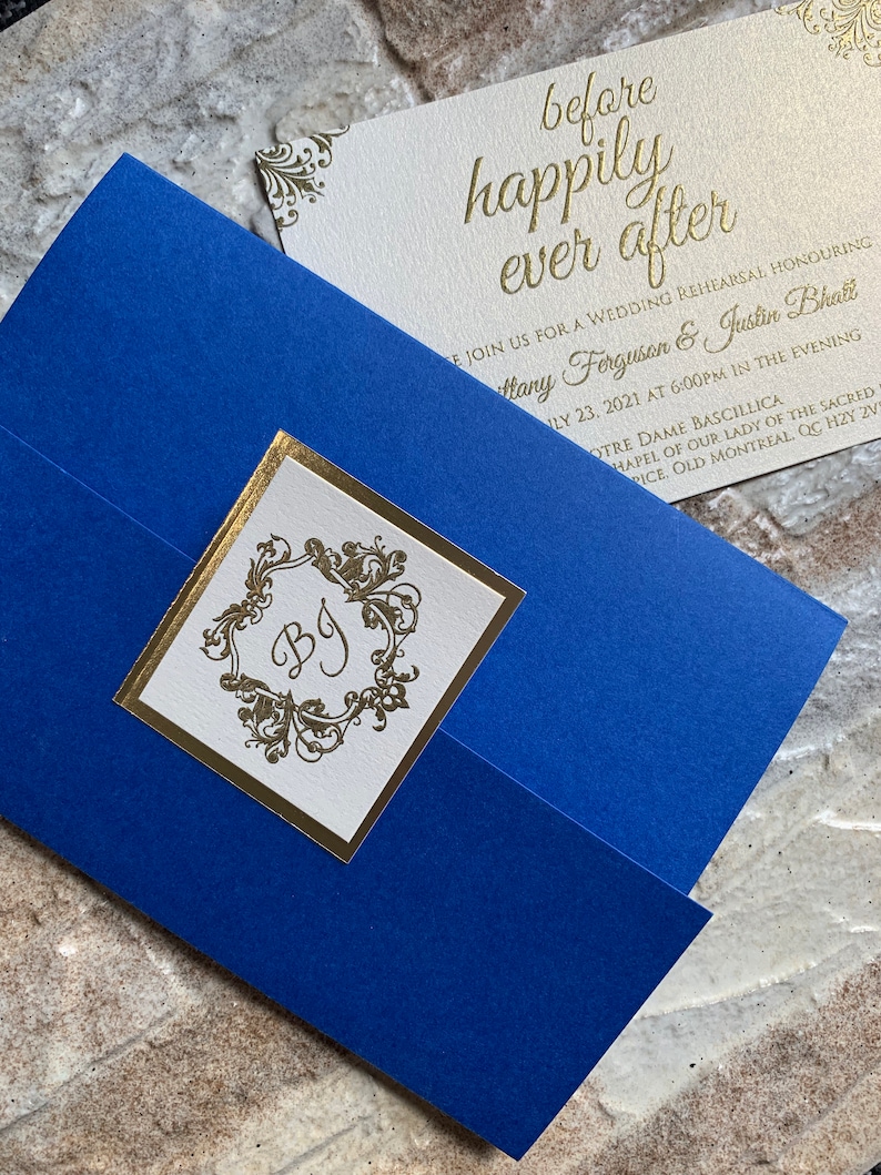 Royal Blue and Gold Foil Wedding Invitation Raised Gold Ink - Etsy
