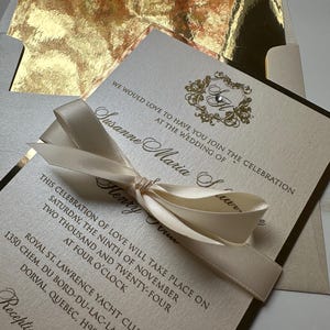 Gold Foil Wedding Invitation, Foil Trim and Ribbon Wrapped Around ...