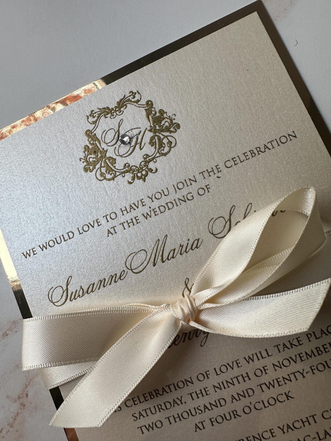 Gold Foil Wedding Invitation, Foil Trim and Ribbon Wrapped Around ...