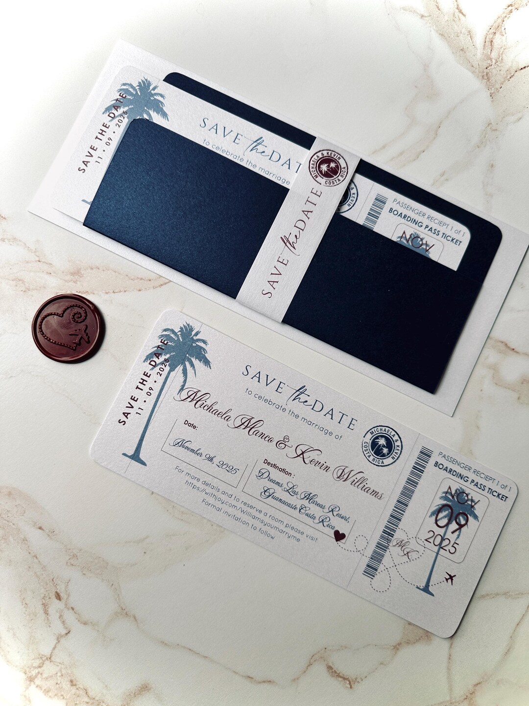 Save the Date Boarding Pass Invitation, Save the Date Ticket, Navy ...