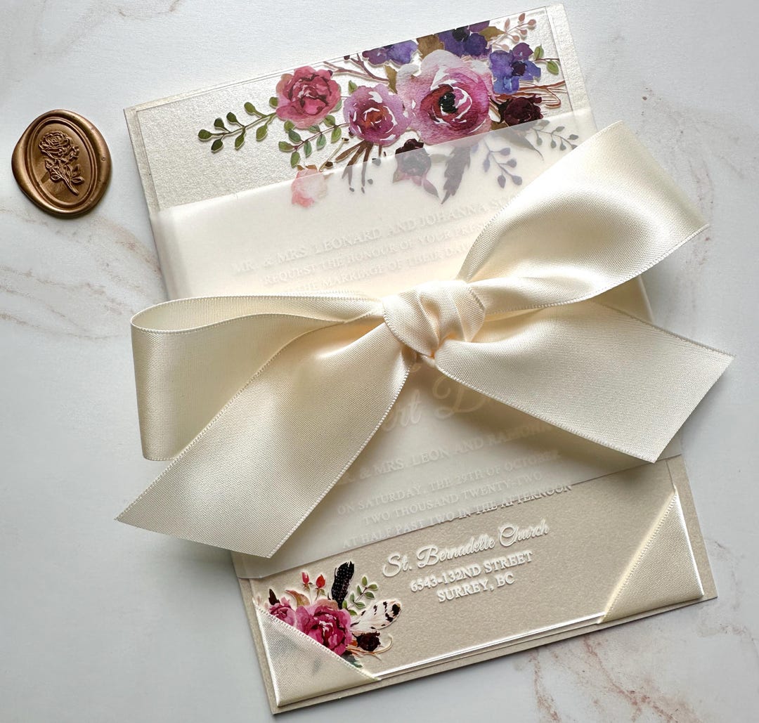 Floral Acrylic Wedding Invitation in Ivory Ribbon Pocket, Ribbon and ...