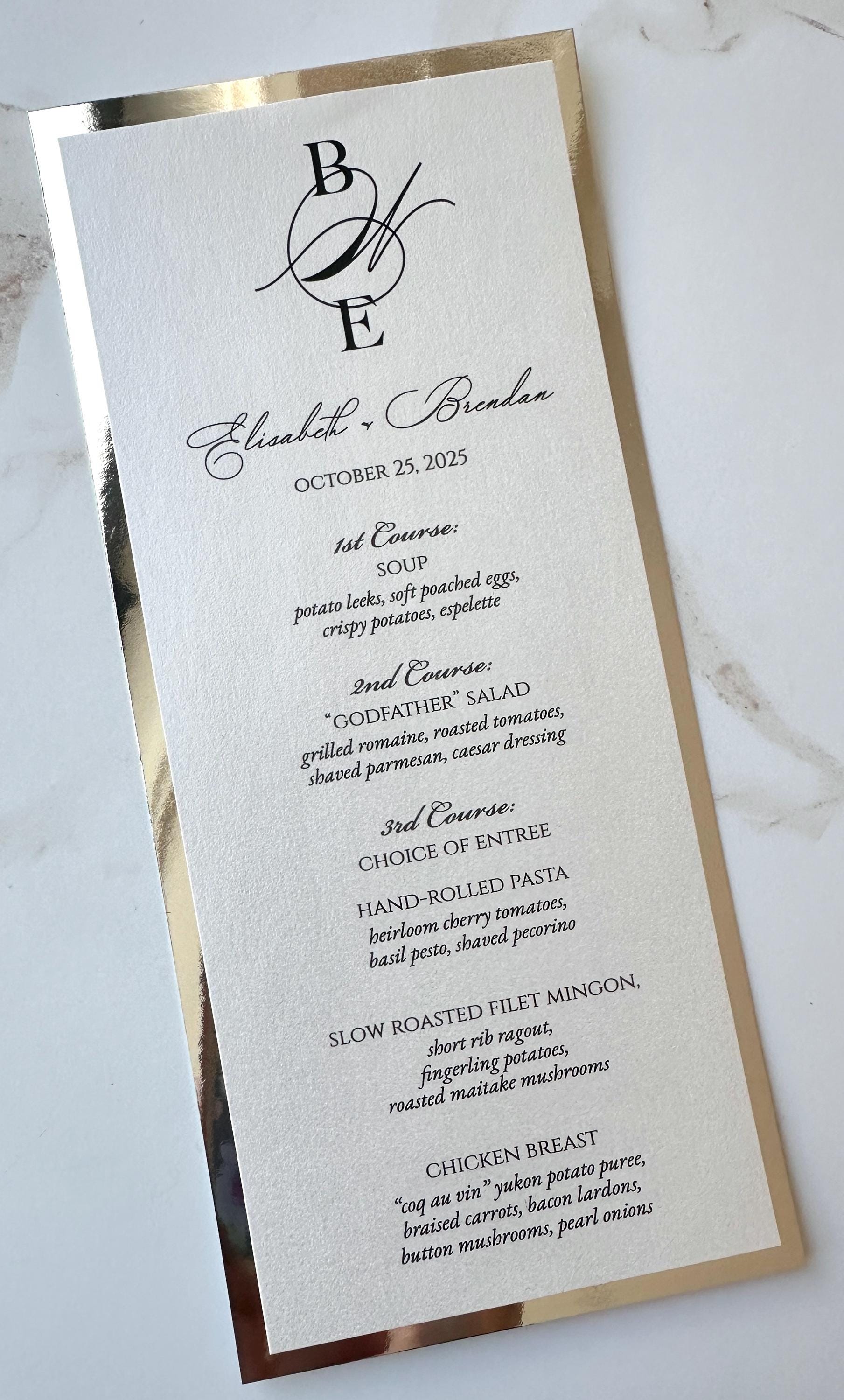 Silver Foil Menu, Wedding Menu, Raised Silver Ink on Pearly White ...
