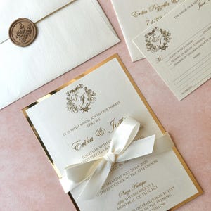 Gold Foil Wedding Invitation, Foil Trim and Ribbon Wrapped Around ...