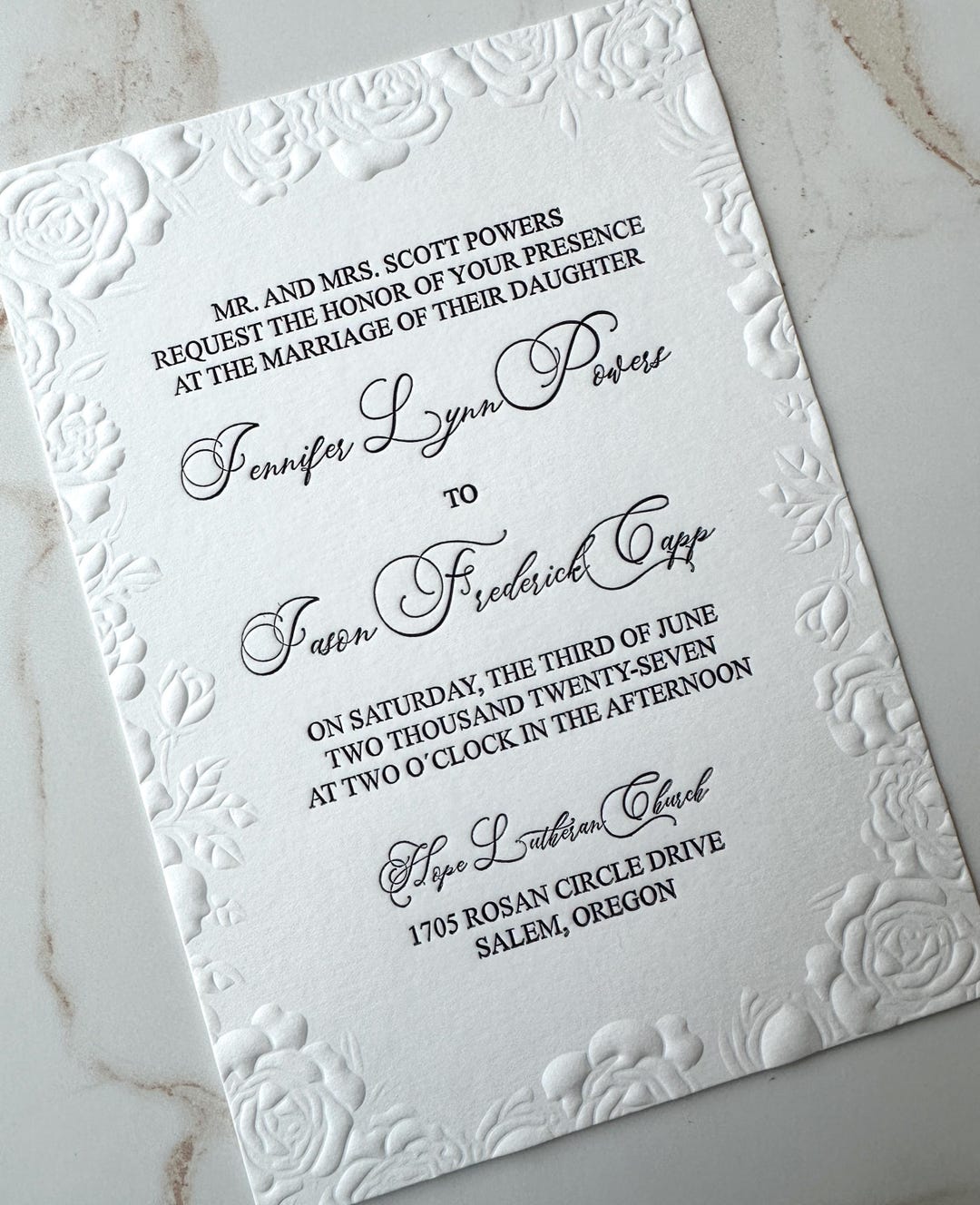 Embossed Wedding Invitation, Embossed White Flowers Invite, Blind ...