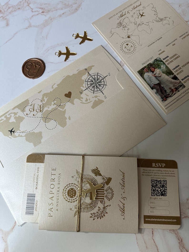 Acrylic Airplane on Passport Invitation, Gold Plane on Foil Passport ...