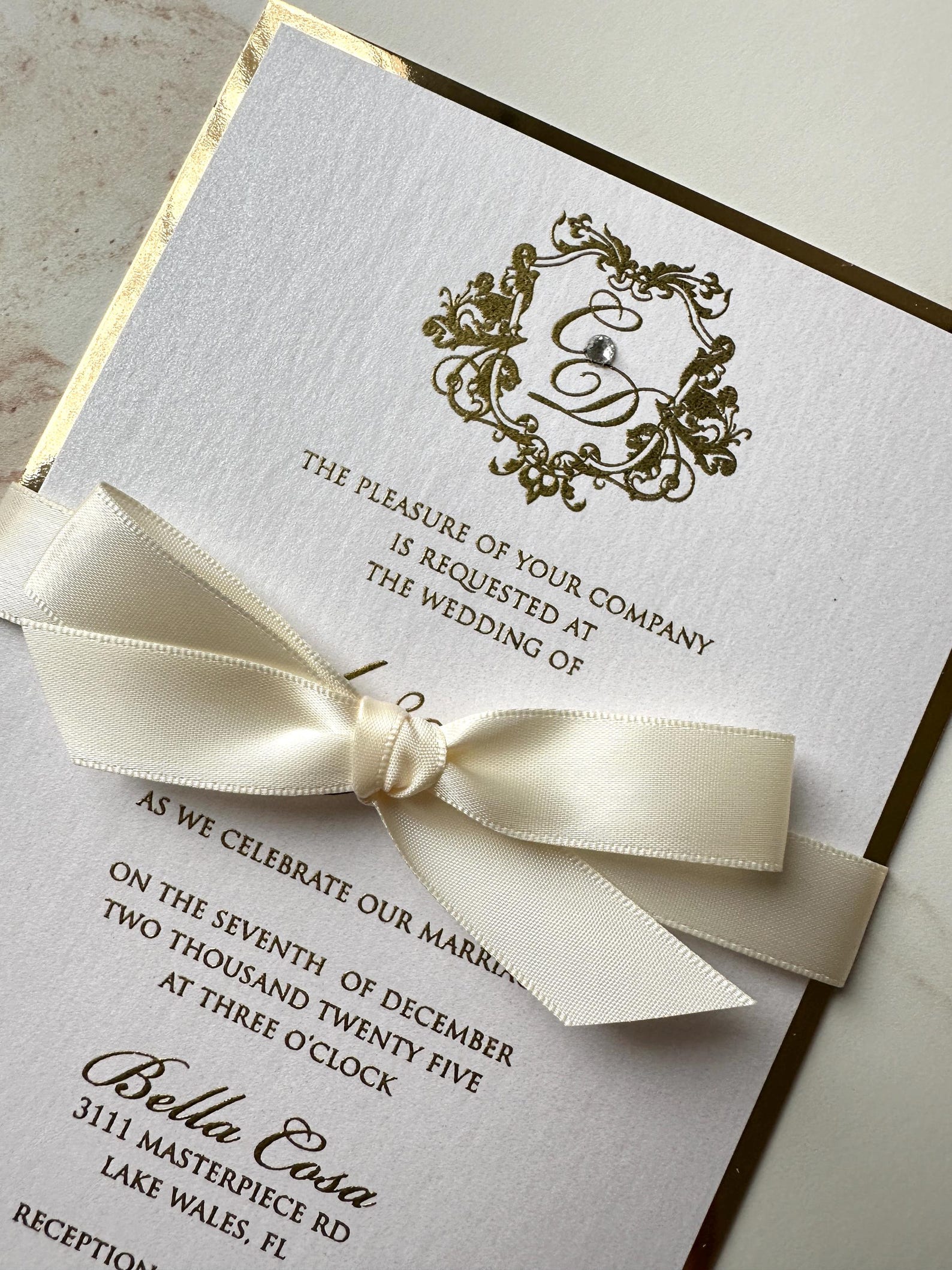 Gold Foil Wedding Invitation With Ribbon Wrapped Around, Foil Invite ...