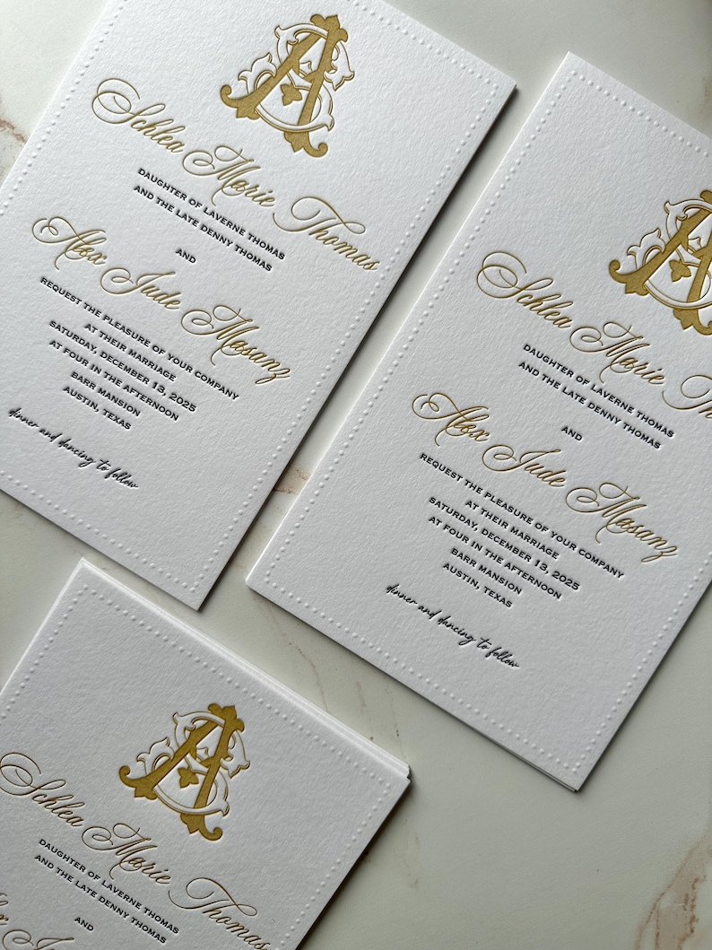 Letterpress Invitation, Gold Monogram Invitation, Letterpress Wedding ...