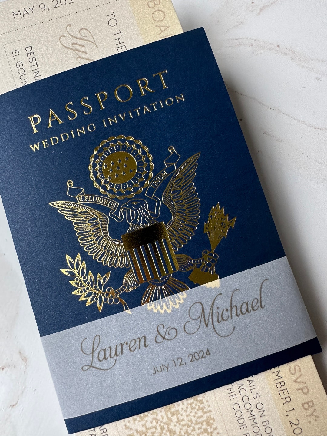 Navy Passport With Band Wrapped Around, Gold Foil on Navy Passport Wedding Invitation, Navy ...