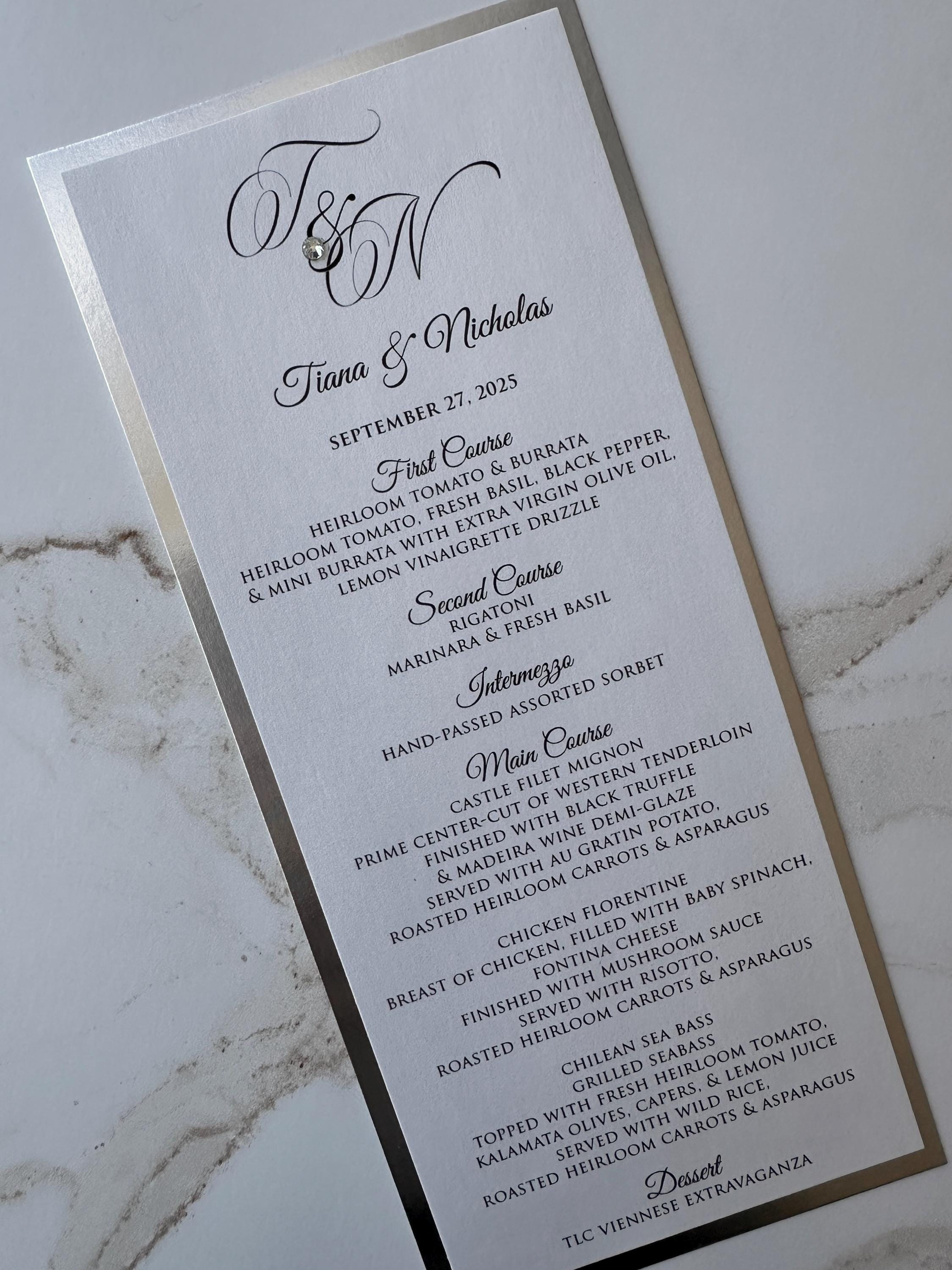 Silver Foil Menu, Wedding Menu, Raised Silver Ink on Pearly White ...