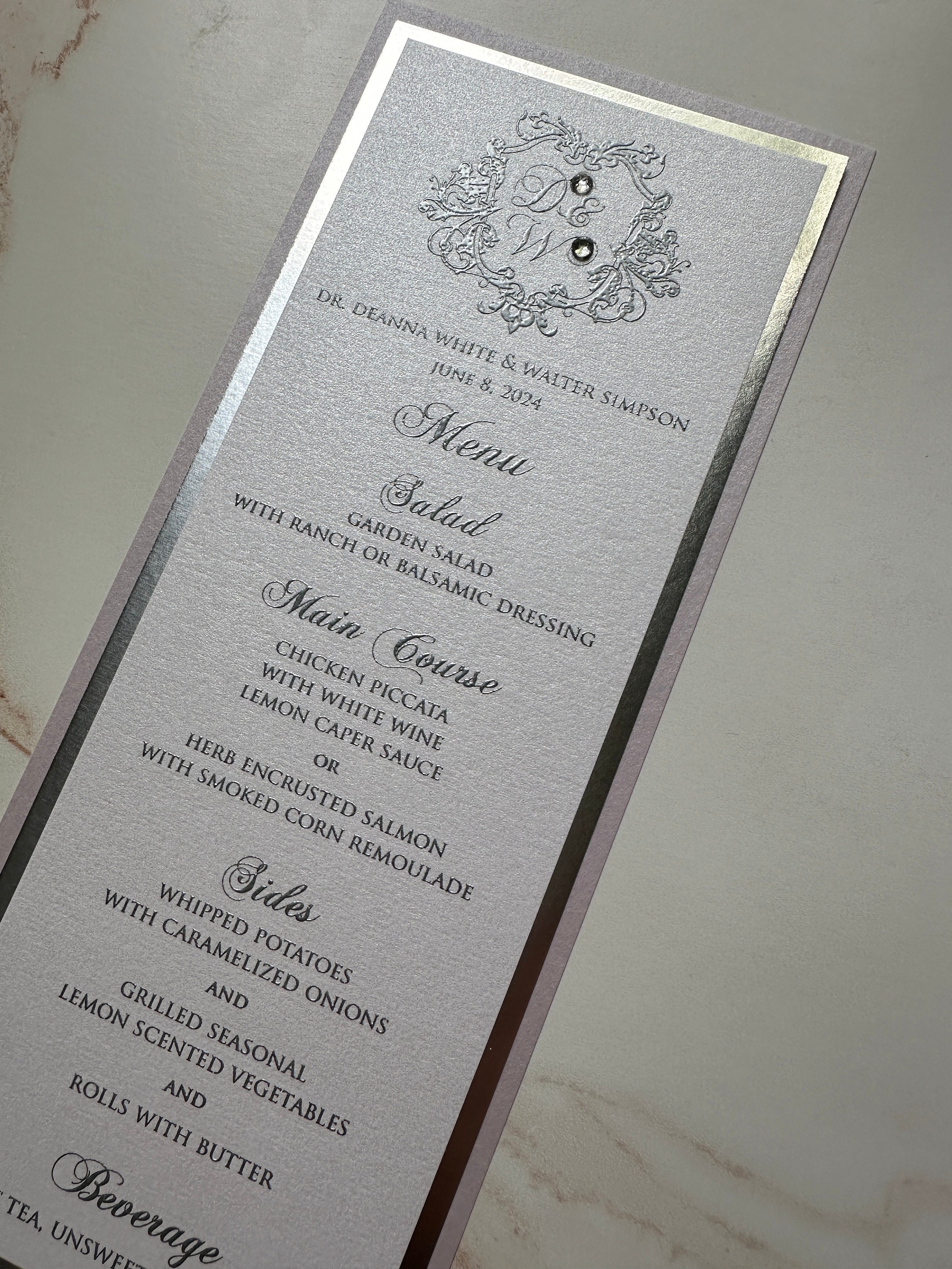 Silver Foil Menu, Wedding Menu, Raised Silver Ink on Pearly White ...