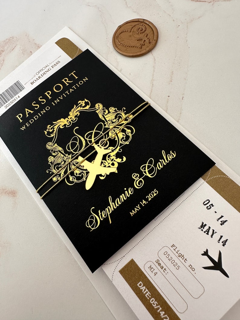 Black Passport With Gold Foil, Acrylic Gold Airplane on Passport ...