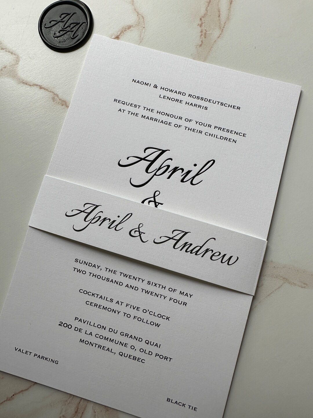 Black Foil on White Linen Invitation With Band, Foil Wedding Invitation ...