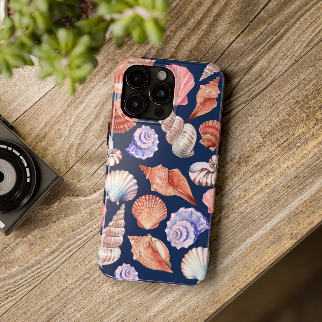 Navy Seashell Collage Summer Tough Phone Case, Watercolor Seashell ...