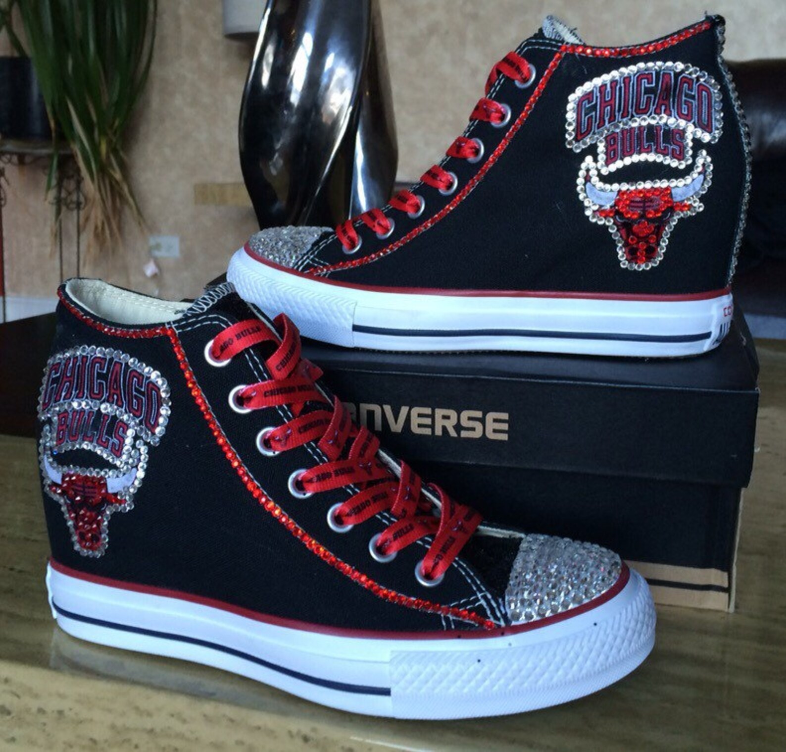 Crystalized Chicago Bulls Converse w/hidden Wedge STUNNING | Etsy
