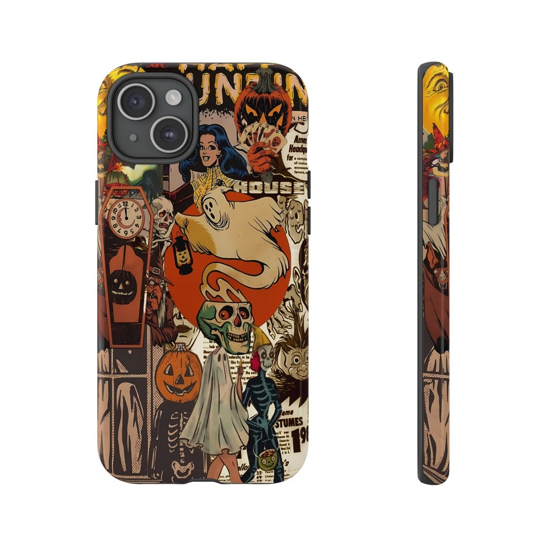 Vintage Halloween Comics Phone Case Collage Spooky Ghost Skeleton Retro ...