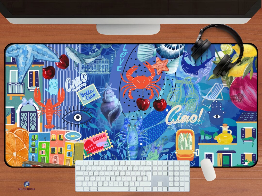 Cute Desk Mat Blue Collage Desk Mat, Ciao Bella Italy Mouse Pad, Preppy ...