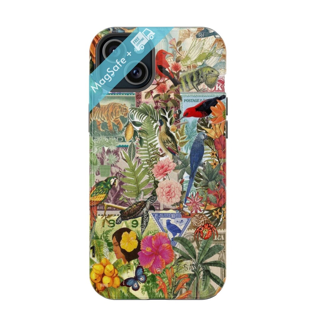 Tropical Postal Stamps Collage Phone Case Magsafe Vintage iPhone Mag ...