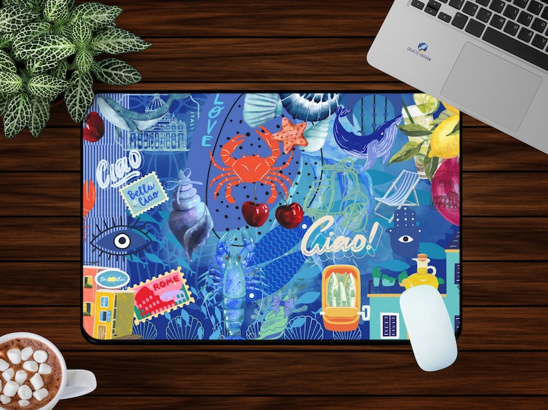 Cute Desk Mat Blue Collage Desk Mat, Ciao Bella Italy Mouse Pad, Preppy ...