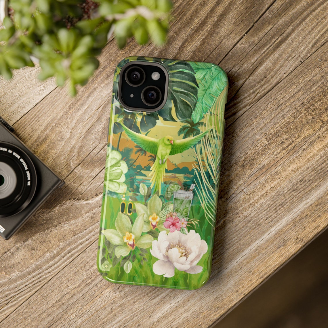 Tropical Island Summer Collage Phone Case Magsafe Green Parrot ...