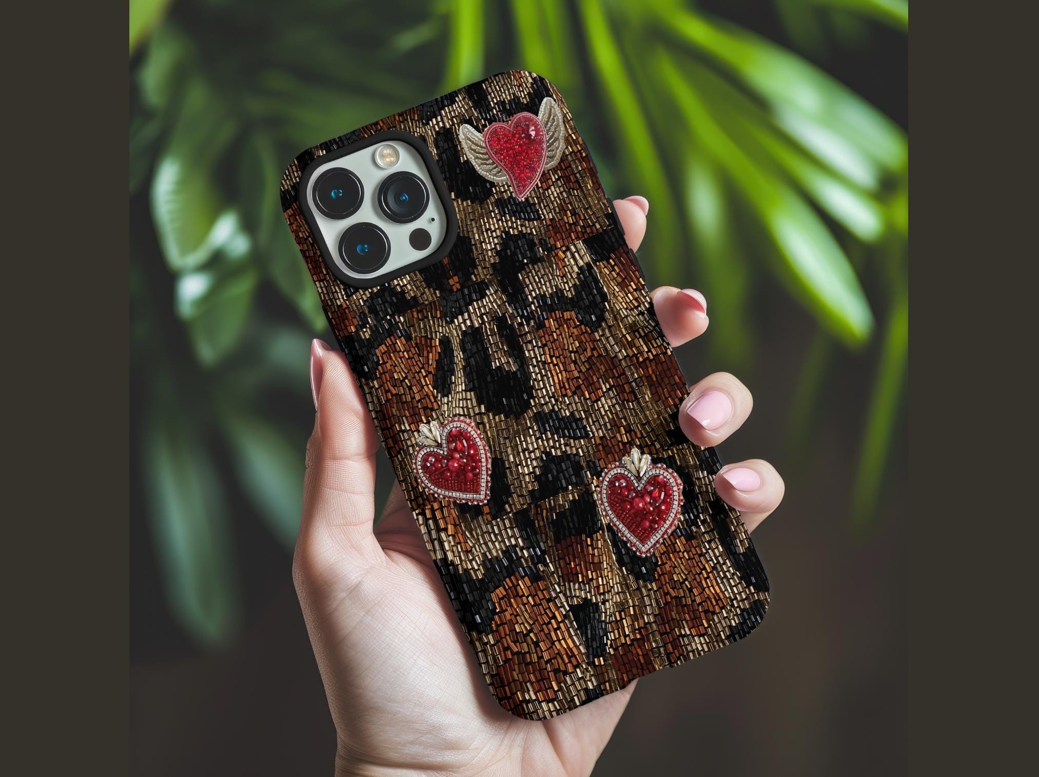 Beaded Pattern Phone Case Magsafe Vintage Cheetah Mosaic Collage Phone ...