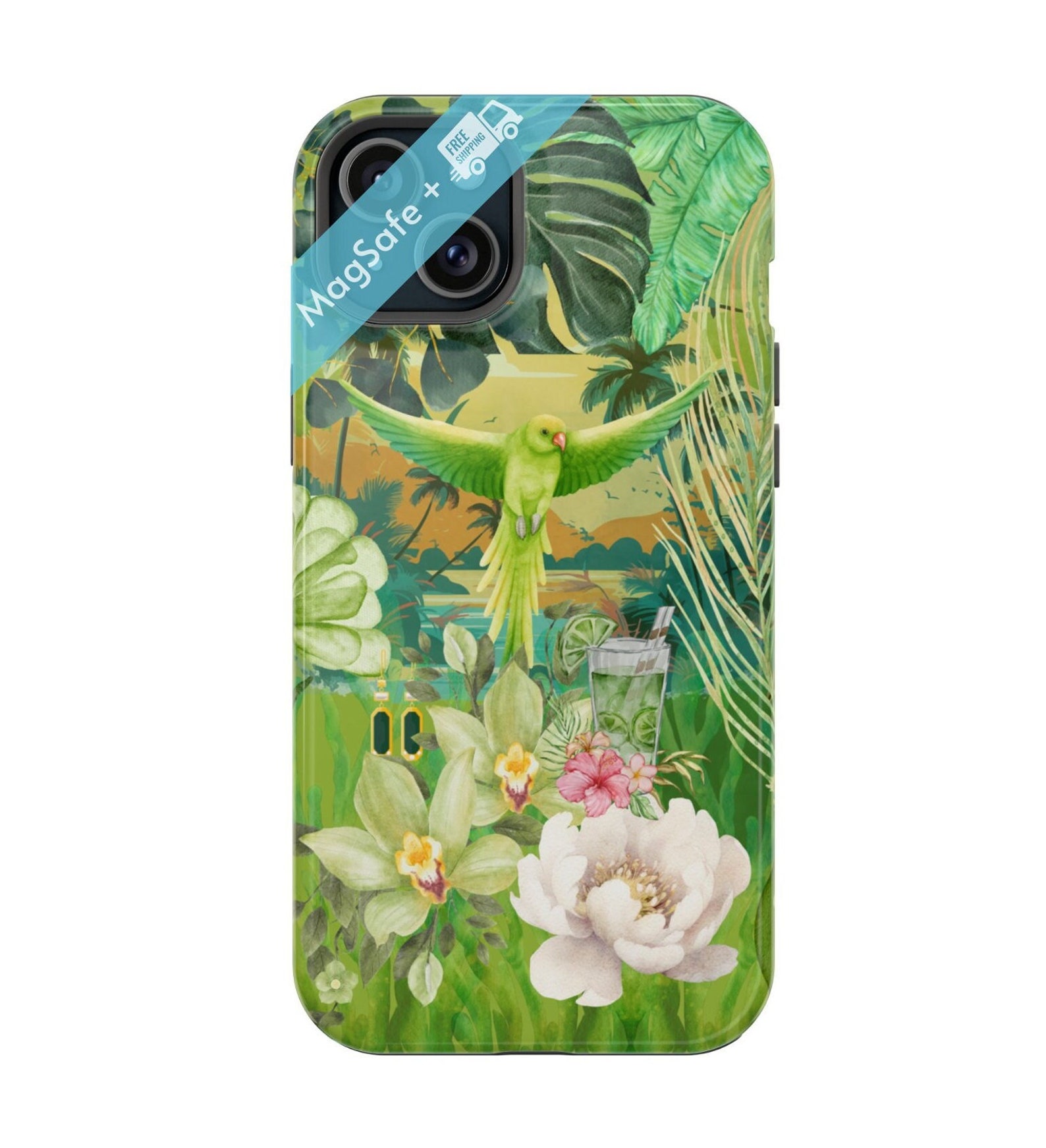 Tropical Island Summer Collage Phone Case Magsafe Green Parrot ...