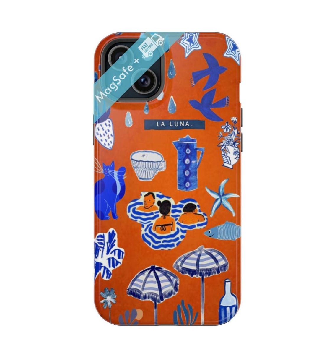 La Luna Collage Phone Case, Cute Blue Cat Phonecase Preppy Orange ...