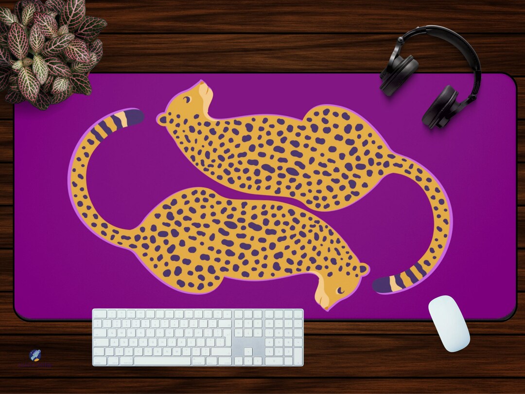 Cheetah Animal Print Purple Preppy Desk Mat, Trendy Maximalist Dark ...