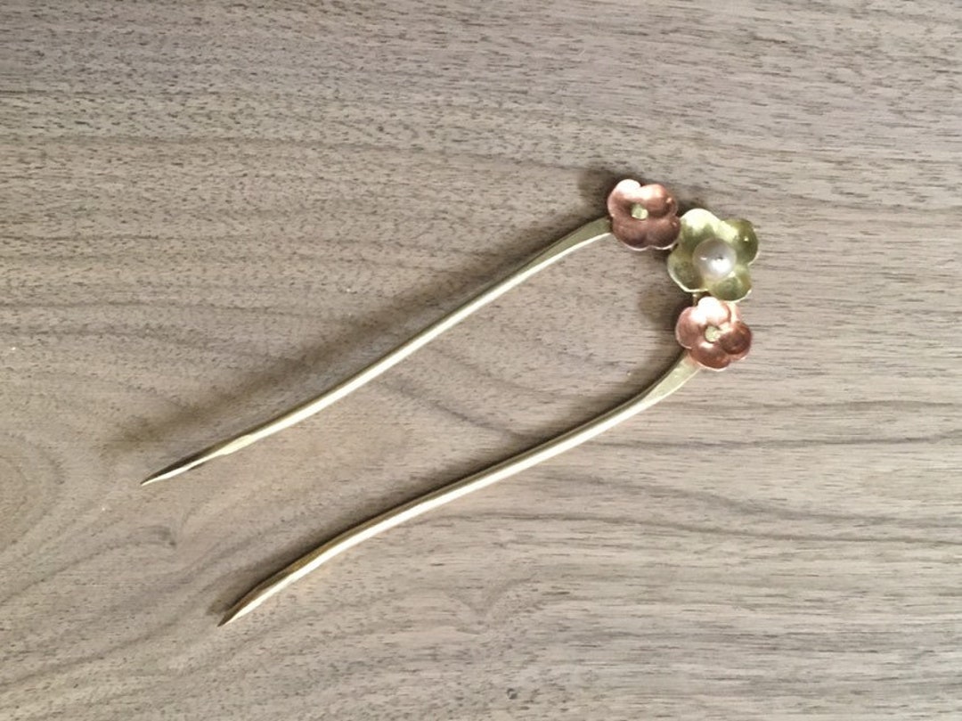 Brass Hairpin With Copper Elements and Pearl. Handcrafted Hairpin ...