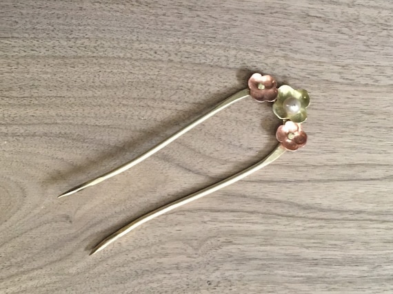 Brass Hairpin With Copper Elements and Pearl. Handcrafted | Etsy