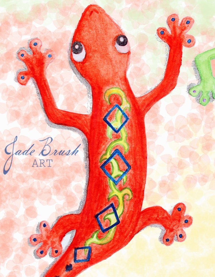 Three Colorful Geckos Art Print Watercolor Painting Talavera | Etsy