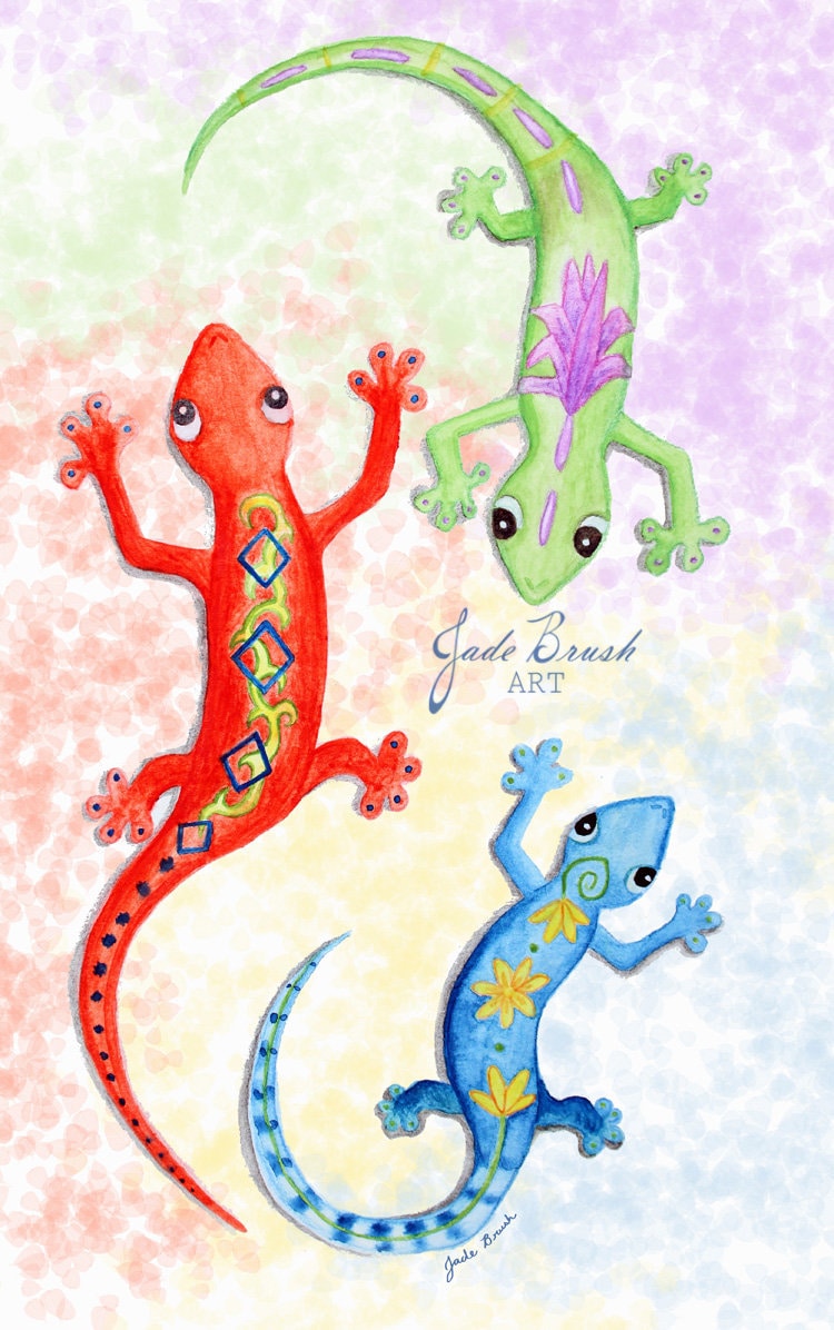 Three Colorful Geckos Art Print Watercolor Painting Talavera | Etsy