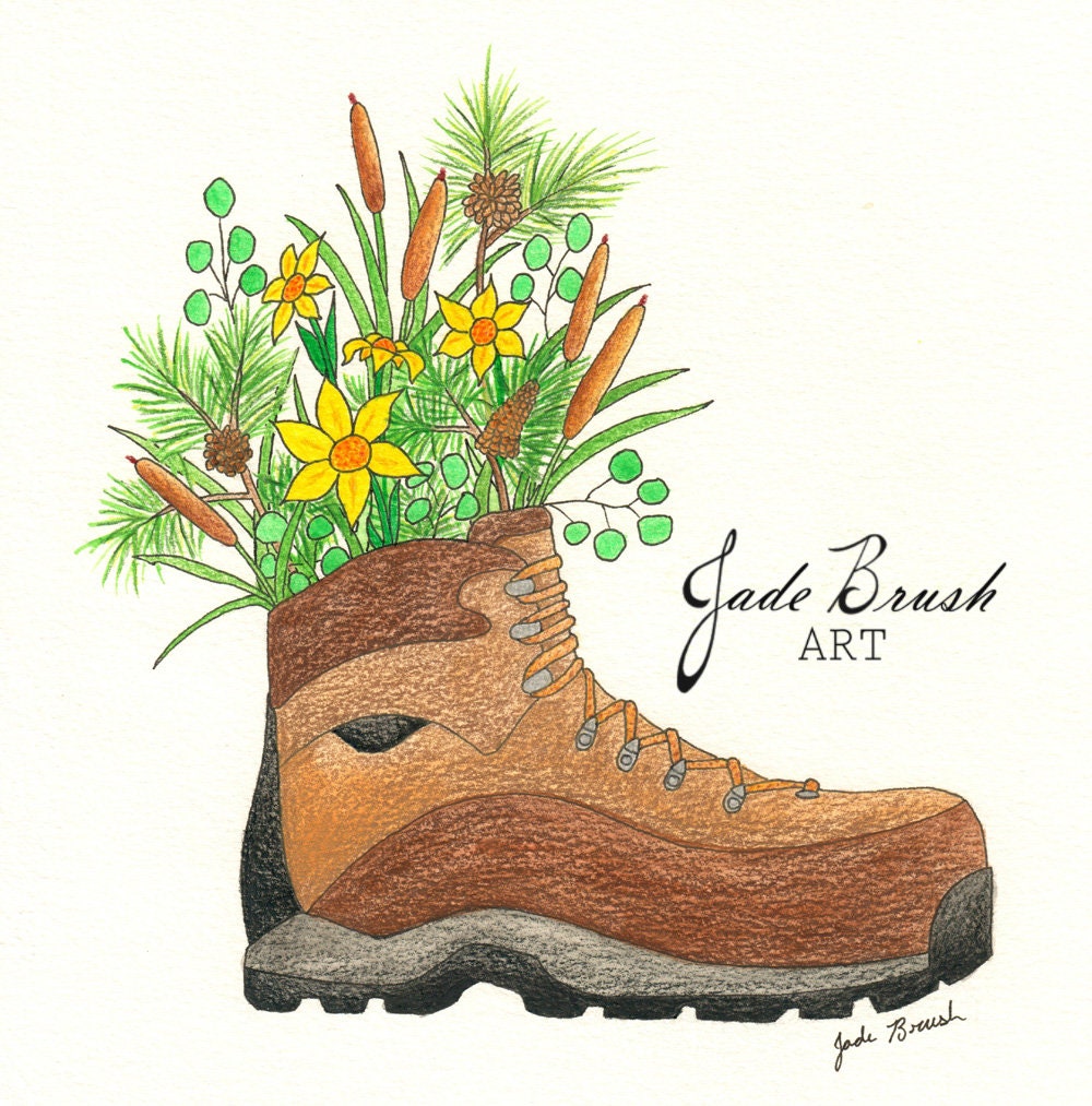 Hiking Boot Art Print Watercolor Painting Boot Flower | Etsy