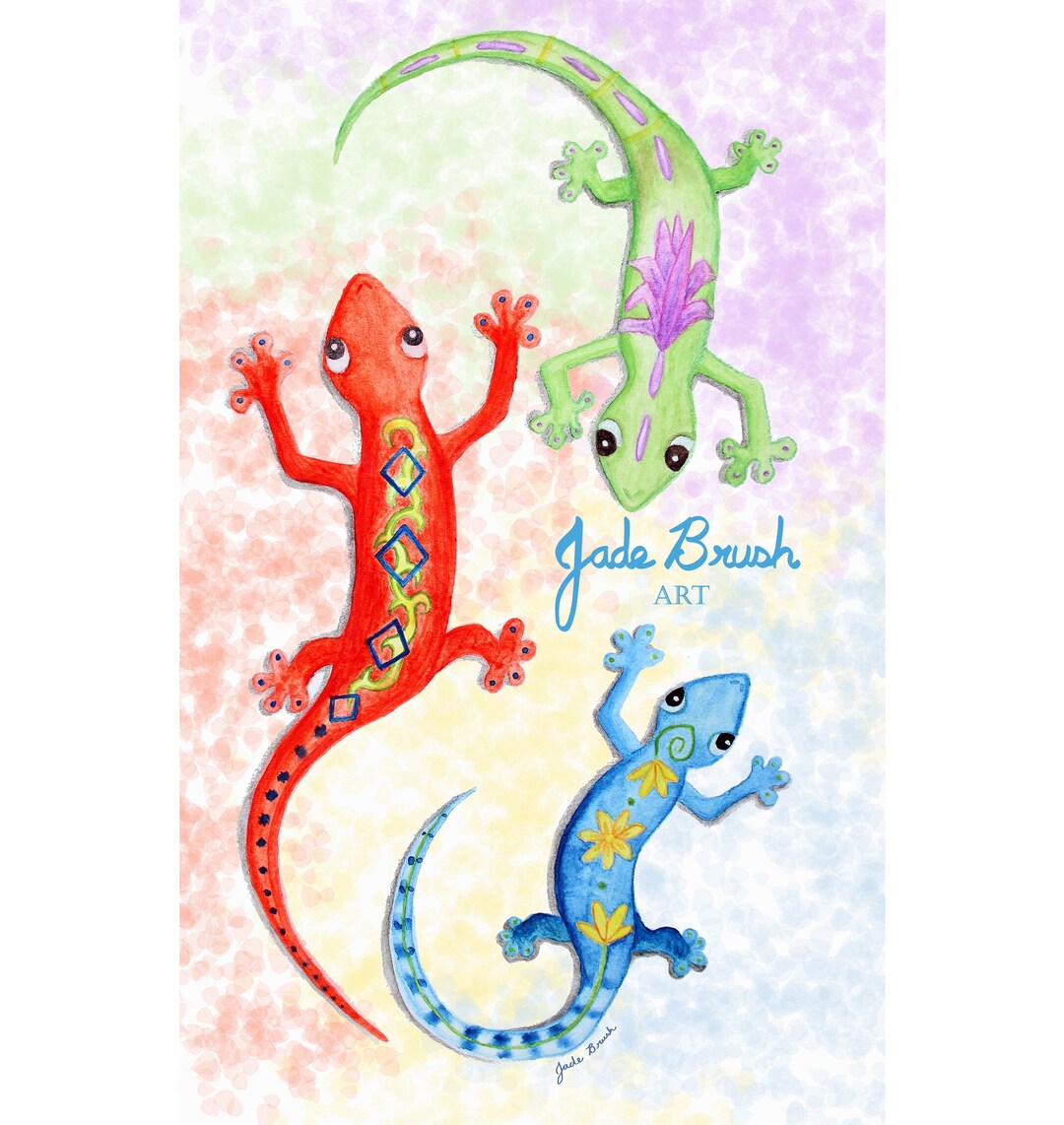 Three Colorful Geckos Art Print| Watercolor Painting| Talavera Style ...