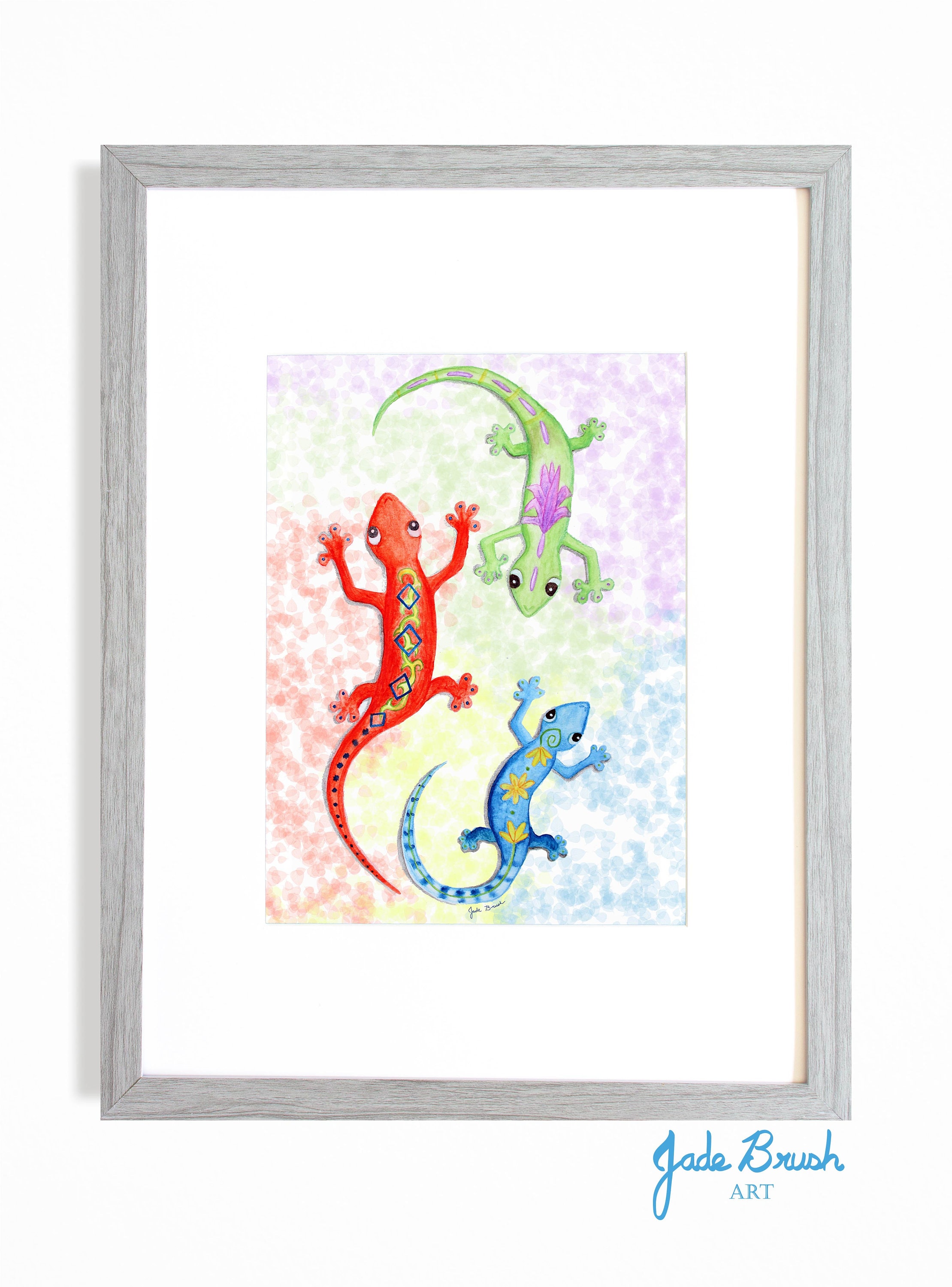 Three Colorful Geckos Art Print| Watercolor Painting| Talavera Style ...