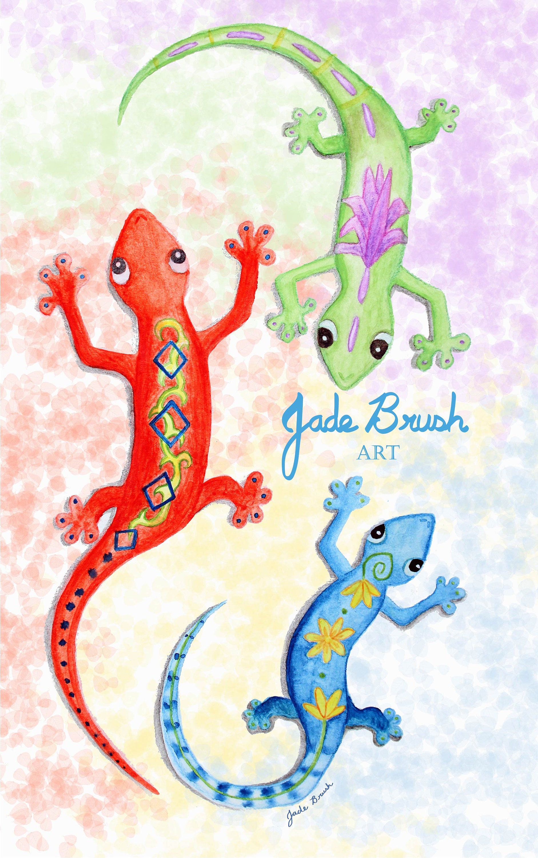 Three Colorful Geckos Art Print| Watercolor Painting| Talavera Style ...