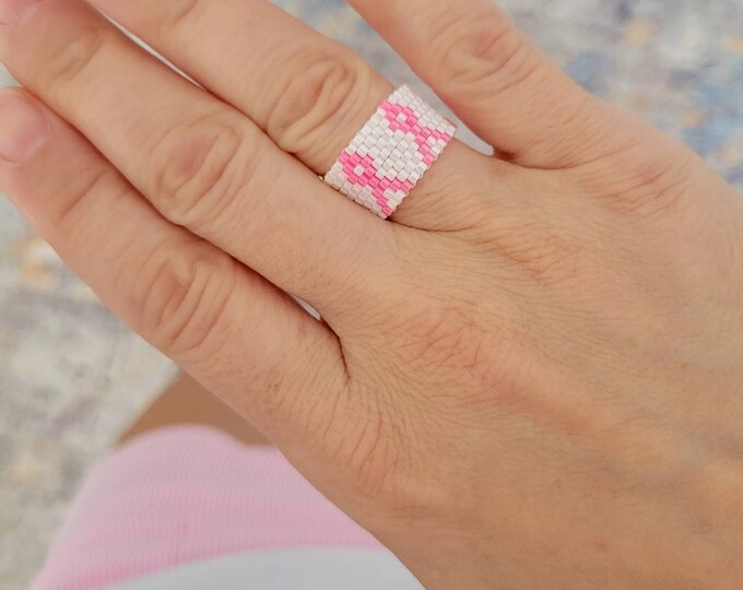 NEW Pink Ribbon Miyuki Beads Ring Breast Cancer Ring Cancer Awareness ...