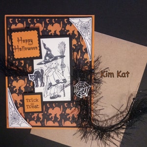 Retro Halloween Card Pop up Little Witch Black CAT Trick or Treat 3D ...