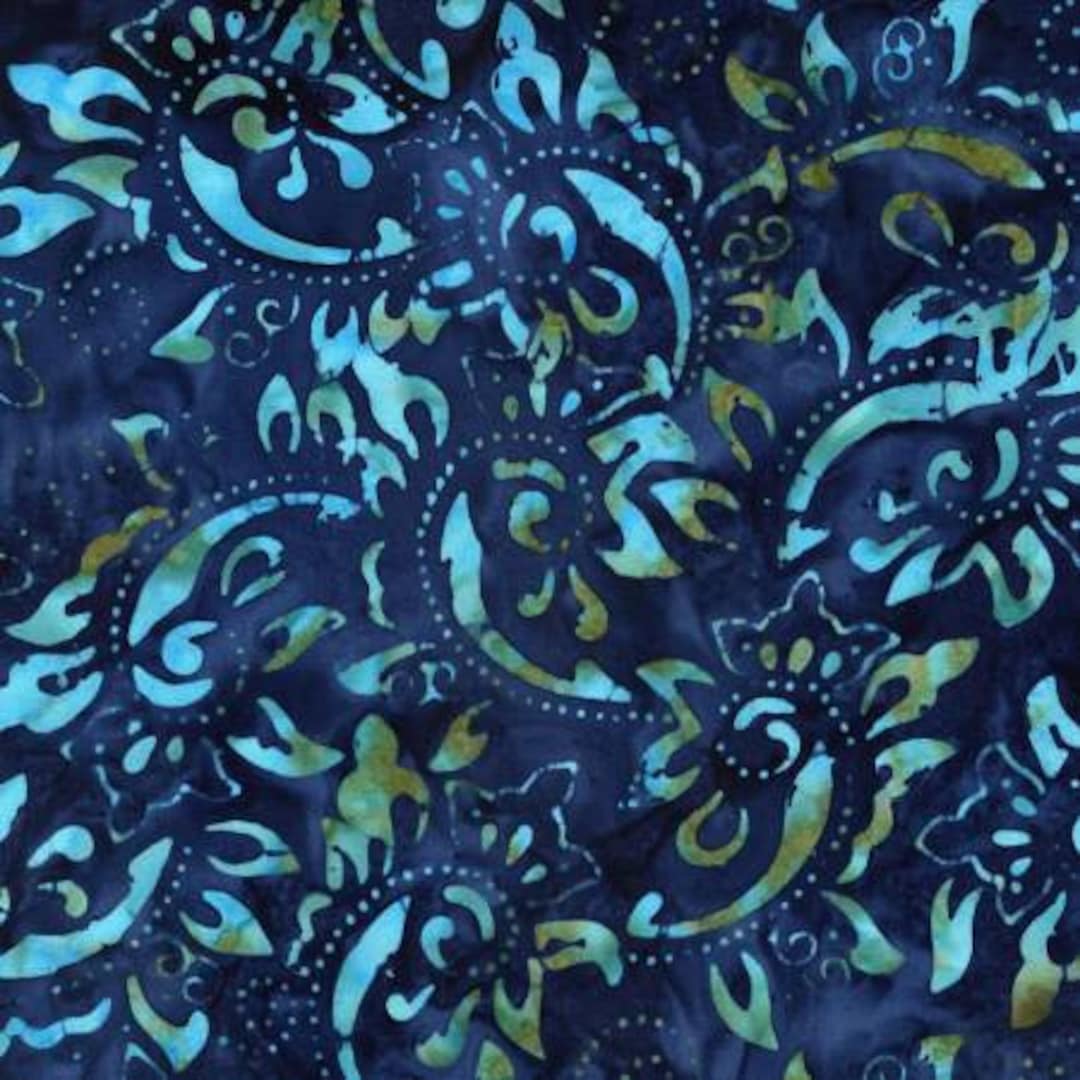 Cotton Batik Quilt Fabric Navy Aqua Paisley Vine From Bali Blooms for ...
